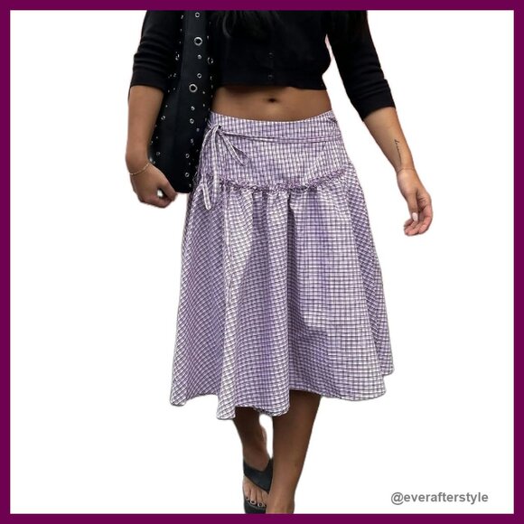 Skirts | Y2k Plaid Midi Skirt High Waist Tie Up Ruffle Trim Swing A ...